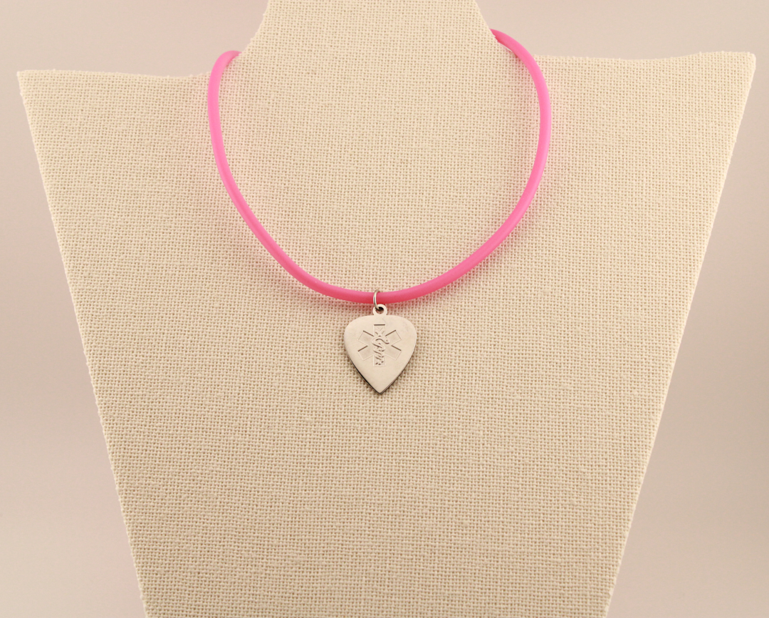 Bubblegum Pink Heart Medical ID Pendant Necklace on Rubber Cord